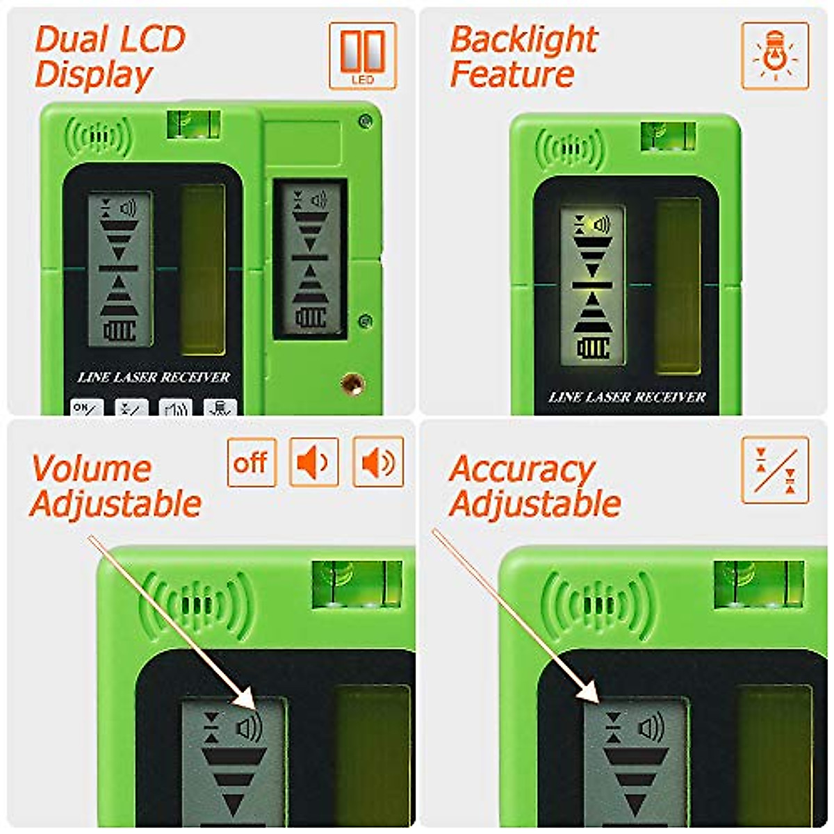 Huepar LR-5RG Laser Detector for Laser Level - Green and Red Beam Receiver for Use with Pulsing Line Lasers, Two-Sided Back-lit LCD Displays, Automatic Shut-Off Timer, Clamp Included