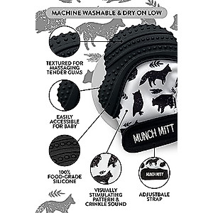 Malarkey Kids Baby Teething Mitten, Munch Mitt Baby Chew Toy - Protects Hands from Chewing & Saliva, Heals Aching Gums, Promotes Sound & Visual Stimulation for Babies Up to 1-Year-Old (Night Forest)