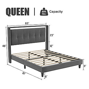 Queen Size Upholstered Platform Bed Frame with Headboard and Sturdy Wooden Slats, Wooden Bed for Bedroom, Non-Slip and Noise-Free, No Box Spring Needed, Easy Assembly, Dark Gray
