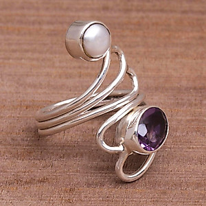 NOVICA Artisan Handmade Amethyst Pearl Ring Sterling Silver Purple White Multi Stone Wrap Indonesia Birthstone [crownbezel 1 in L x 0.5 in W x 0.2 in H Band Width 5 mm W] ' Pure in Heart'