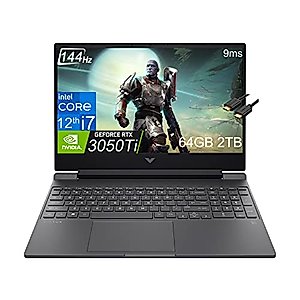 HP Victus 15t 15.6" FHD 144Hz Gaming Laptop (Intel 12th Gen i7-12650H, 64GB RAM, 2TB PCIe SSD, Geforce RTX 3050 Ti 4GB) 10-Core (Beat Ryzen 7 5800H), Backlit, Webcam, HDMI Cable, Windows 11 Home