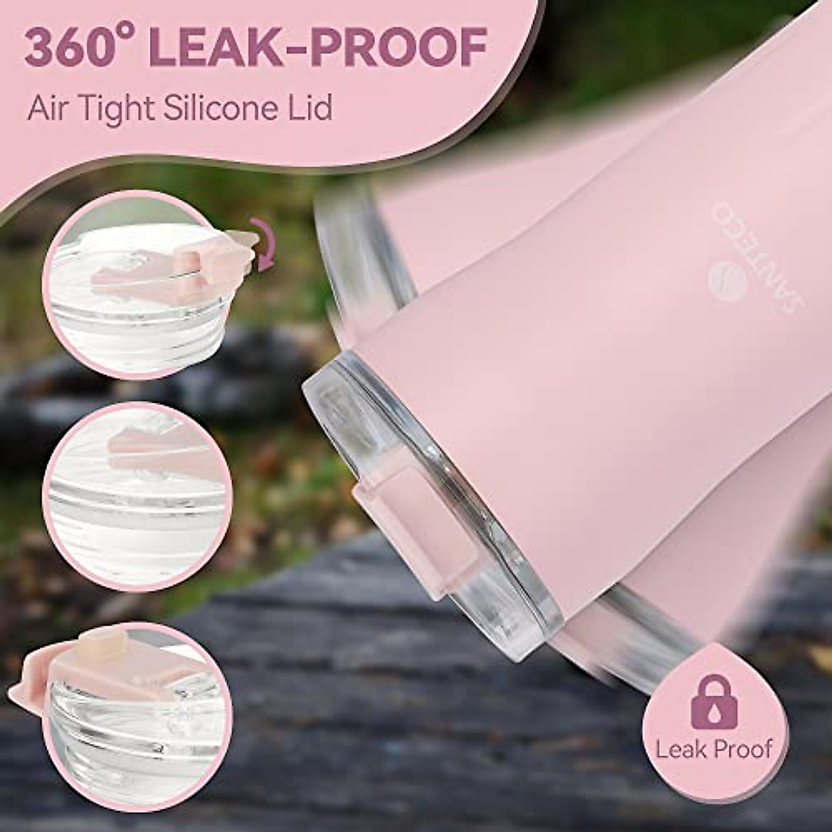 SANTECO Travel Coffee Mug 12 oz, Insulated Coffee Cups with Flip Lid, Stainless Steel Coffee Mugs Spill Proof, Double Wall Vacuum Tumblers, Reusable To Go Mug for Hot/Ice Coffee Tea - Pink