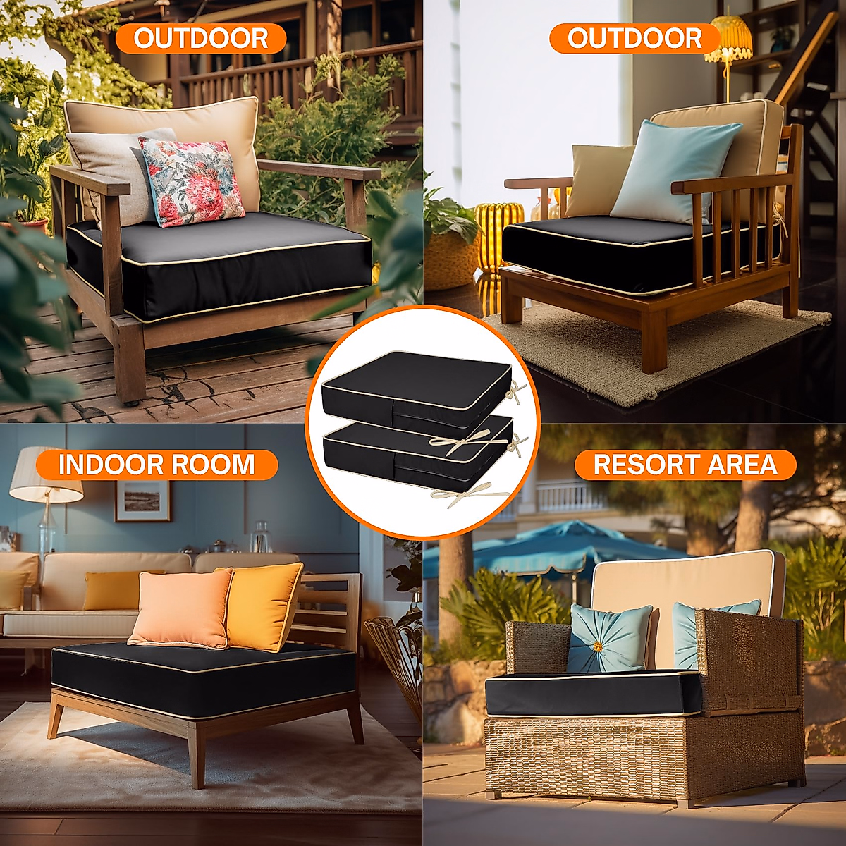 RULAER Patio Chair Cushion 20X20X4 Inch Outdoor Waterproof Seat Cushions Indoor Firm Yet Comfortable Square Dining Chair Pads Double Piping Washable Chair Pad (20x20x4（2pc）, Black)