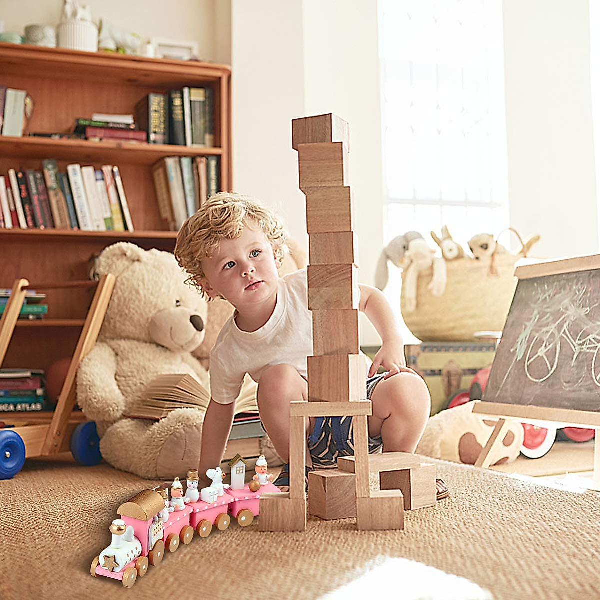 NUOBESTY Christmas Wooden Trains Christmas Decorations 4 Sections of Christmas Train Children's Holiday Birthday, Mini