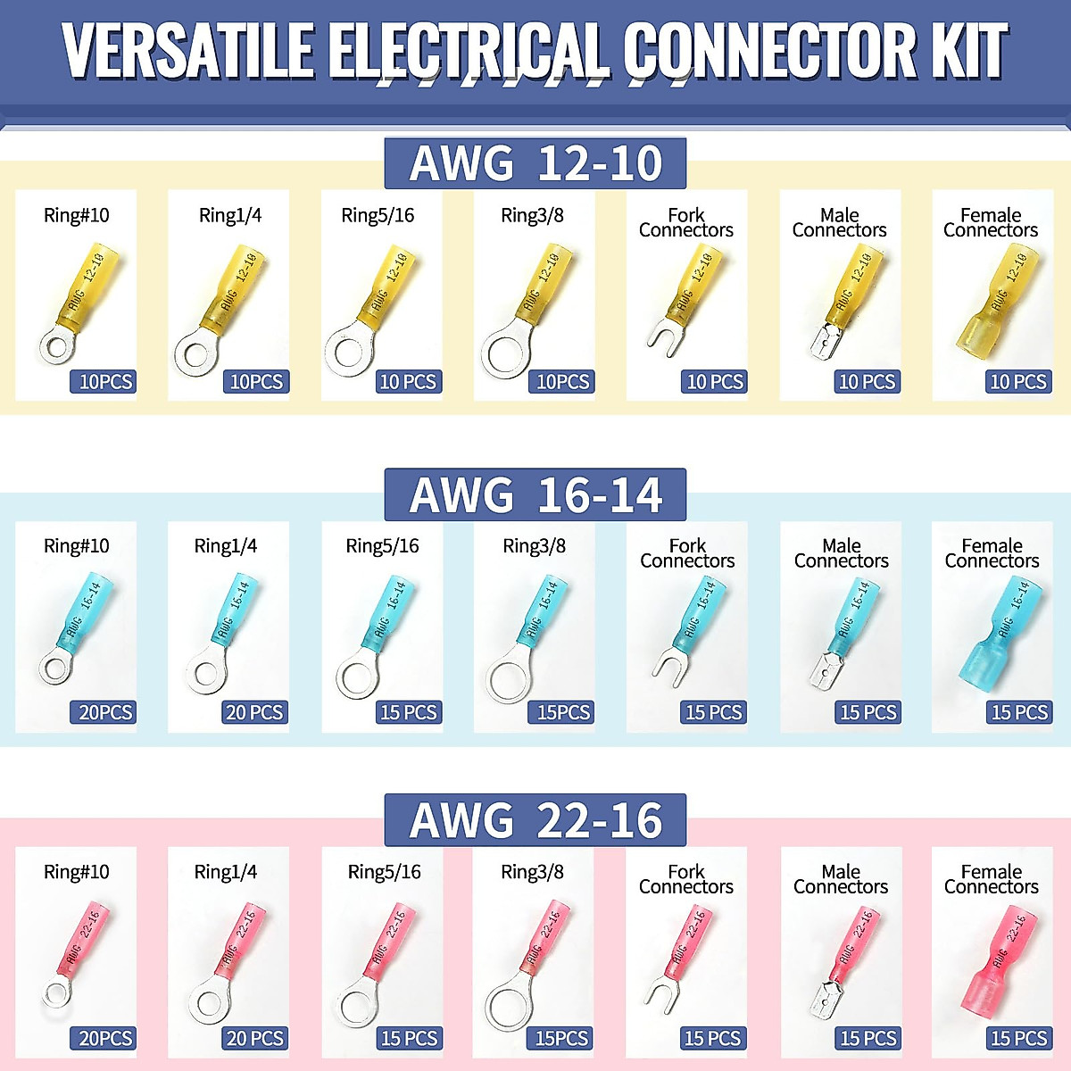 Sopoby Crimping Tool For Heat Shrink Connectors with 300PCS Marine Grade Heat Shrink Wire Connectors - Tinned Red Copper - Electrical Crimping Tool - AWG 22-10 Electrical Ring Fork Spade Splice