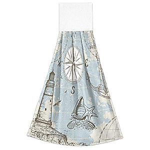 World Map Anchor Hand Towel Hanging Kitchen Towels Lighthouse 2PCS Dish Cloth Tie Towel Absorbent Oven Stove Washcloth with Loop for Bathroom Home Decorative