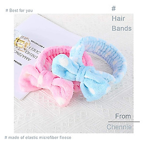 Chennie Bowknot Spa Headbands Dot Elastic Makeup Blue Hair Bands Washing Face Head Wraps For Women And Girls (Pack Of 2) (Blue&Pink)