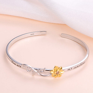 S925 Sterling Silver Sunflower with CZ Engraved You Are My Sunshine Bangle for Women 18" (Bangle)