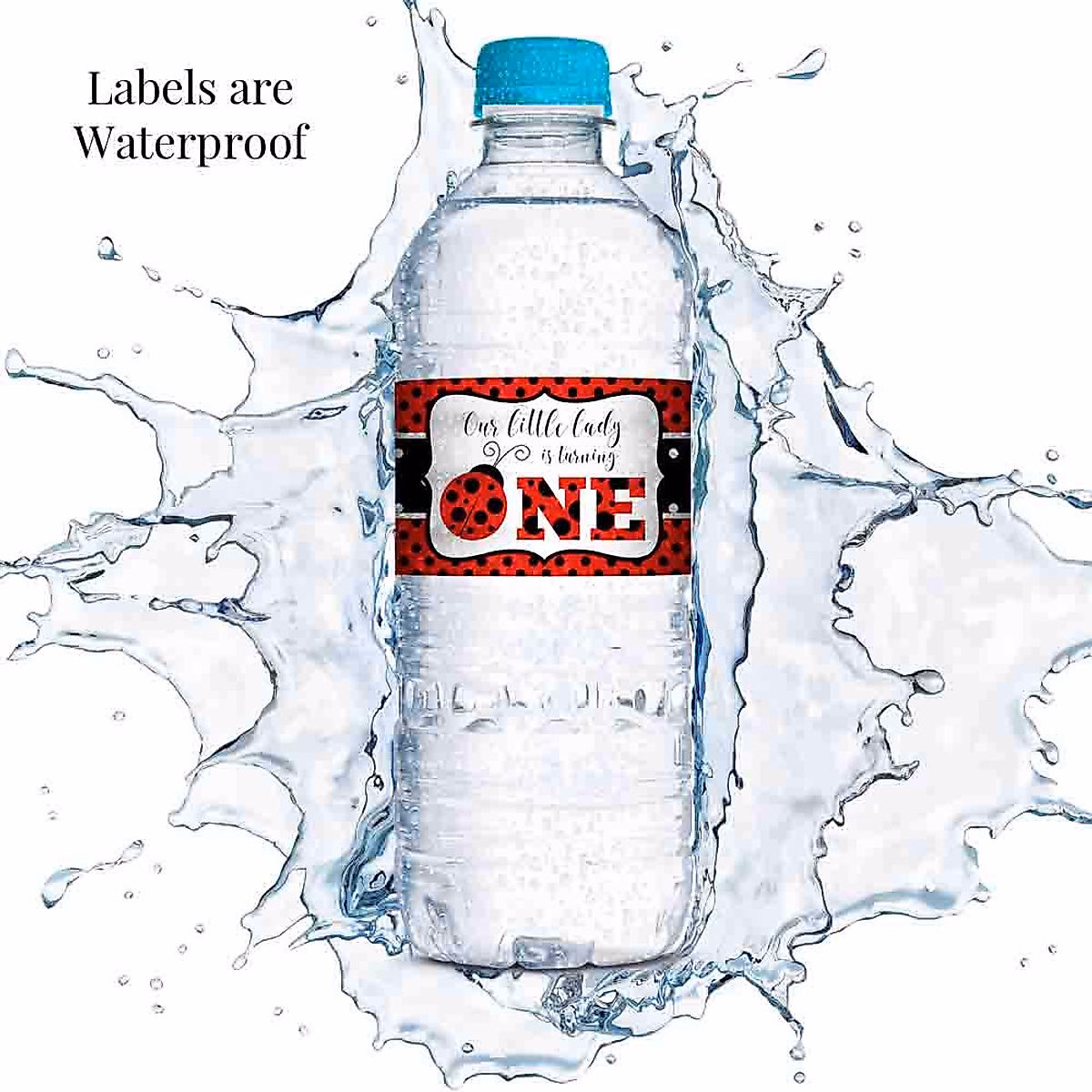 Red Ladybug First Birthday Party Waterproof Water Bottle Sticker Wrappers, 20 1.75" x 8.5" Wrap Around Labels by AmandaCreation