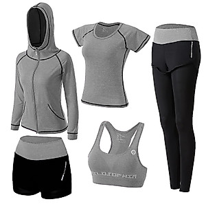 ZETIY Women's 5pcs Sport Suits Fitness Yoga Running Athletic Tracksuits (XL, Light Grey)