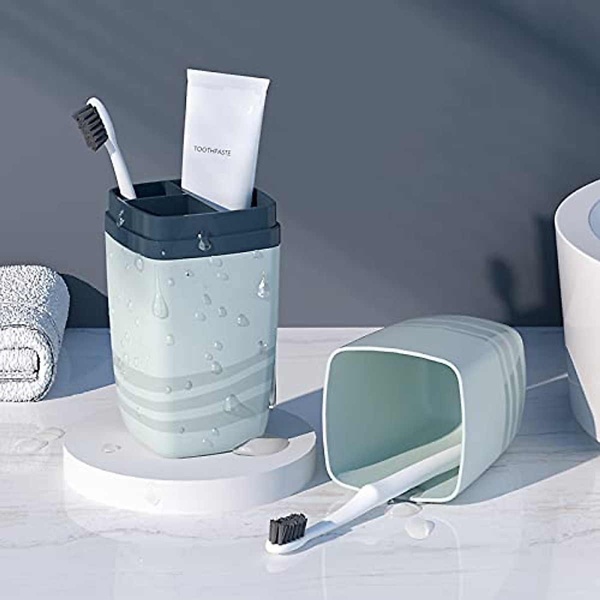 Portable Travel Toothbrush Case, 3 in 1 Toothpaste Holder with Cover, Multi-Functional Wash Cup Container for Traveling, Camping, School, Business Trip (Powder Blue)