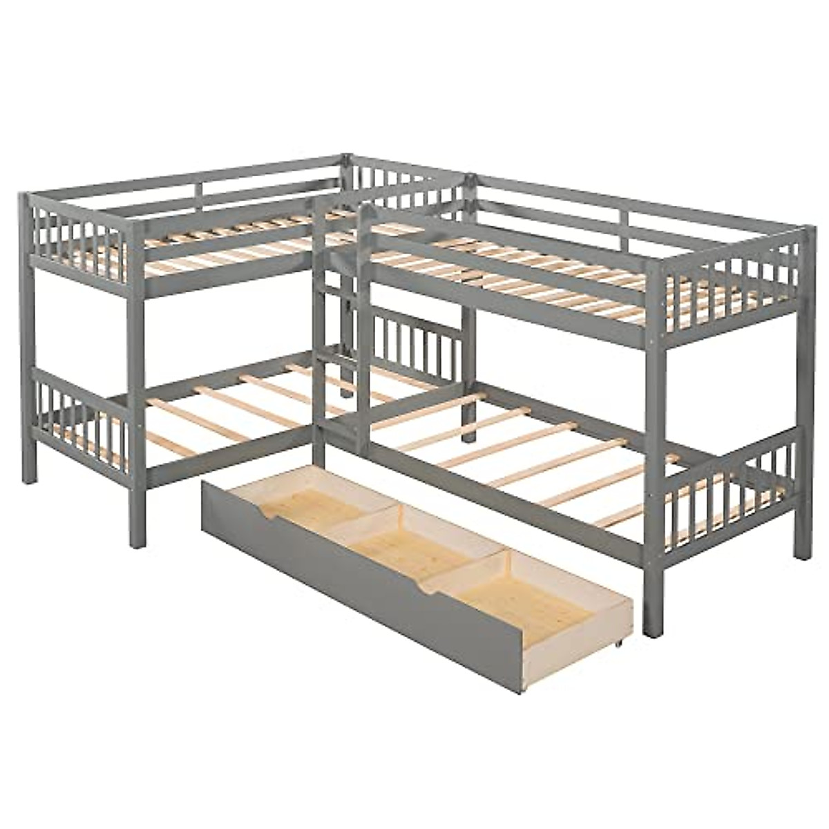 YUNLife&Home L-Shaped Bunk Beds for 4,Solid Wood Bunk Bed Frame with 3 Storage Drawers,Twin Over Twin Size Corner Bunk Bed,Wood Quad Bunk Beds Frame for Kids Teens Girls Boys