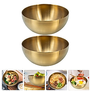 Cabilock 2pcs Korean Stainless Steel Bowls Metal Serving Bowl Small Mixing Bowl Kitchen Prep Bowl for Salad Cereal Noodle Ramen Pasta Snacks 12cm Golden