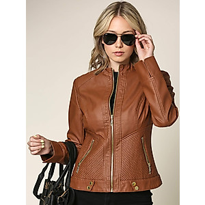 Lock and Love LL WJC747 Womens Dressy Vegan Leather Biker Jacket L Camel