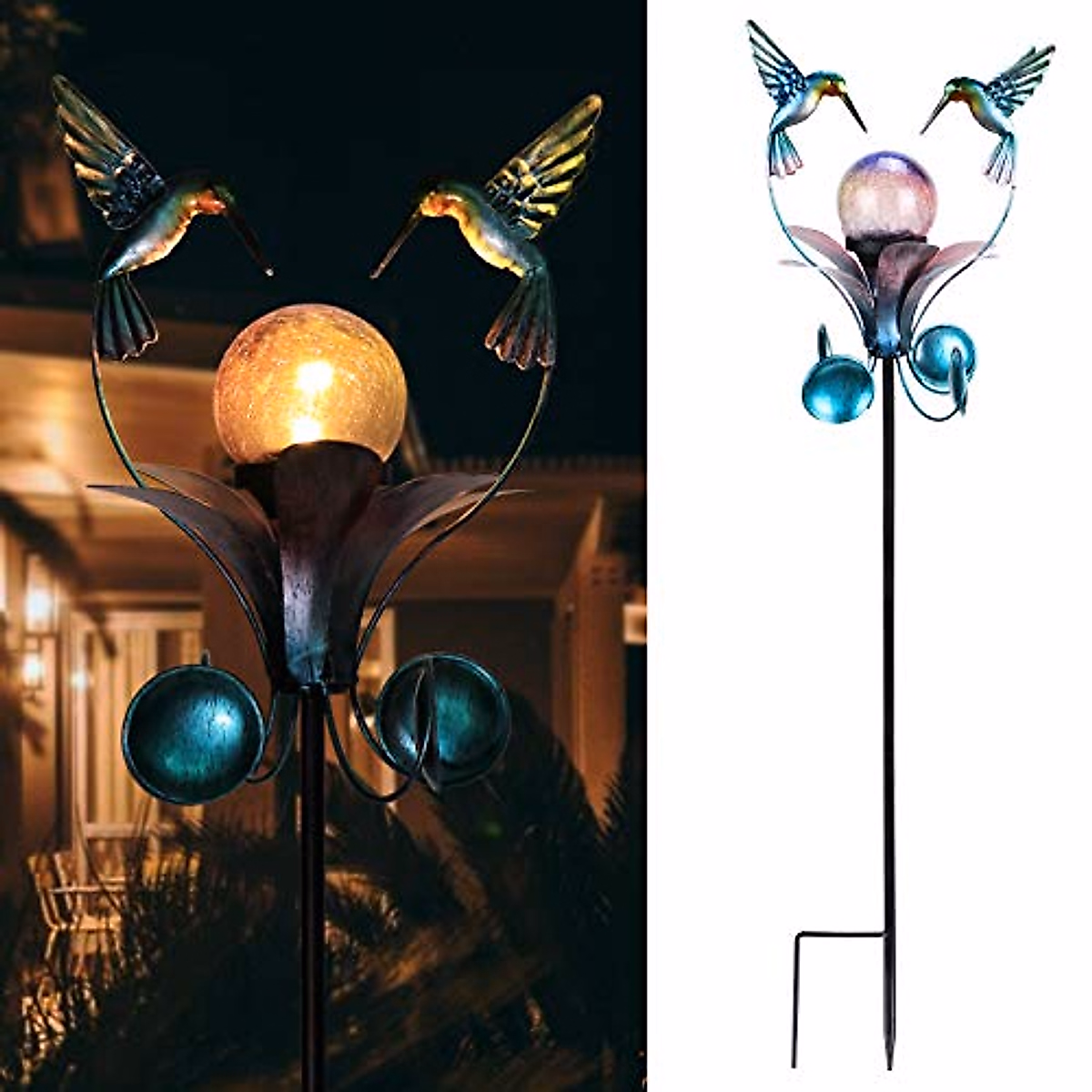 VCUTEKA Solar Lights Outdoor Metal Garden Stake Waterproof Crackle Glass Globe Garden Decor Hummingbird for Pathway, Lawn, Patio, Yard