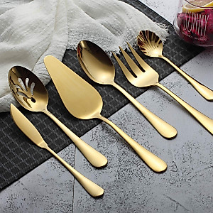 Berglander Stainless Steel Golden Titanium Plated Flatware Serving Set 6 Pieces, 5 Serving Pieces of 45 Pieces Flatware with 1 Cake Server, Golden Serving Silverware Set (Shiny Golden)