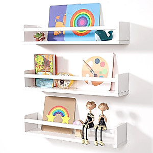 AZSKY Nursery Bookshelves White, 24 Inch Floating Bookshelves for Wall Set of 3, Baby Kids Decor, Solid Wood Wall Mounted Shelves for Books, Toys and Decor Storage