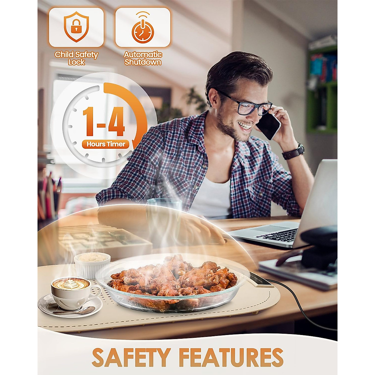 MONKRICT Electric Warming Tray, Thermochromic Fast Heating Warming Mat for Food with 8 Temperature Settings, Auto Shut-Off & Child-Lock, Portable Silicone Food Warmer for Buffet, Parties, Everyday Use