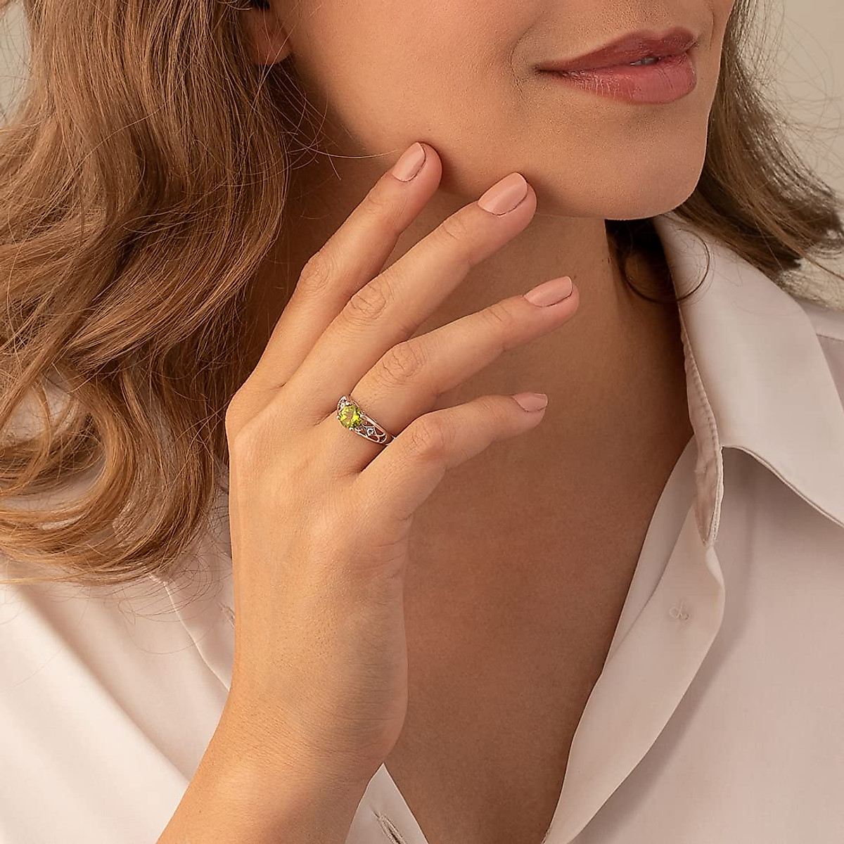 PEORA Genuine Peridot Ring for Women 925 Sterling Silver, 1.25 Carats Round Shape, Cathedral Style Solitaire, Size 8