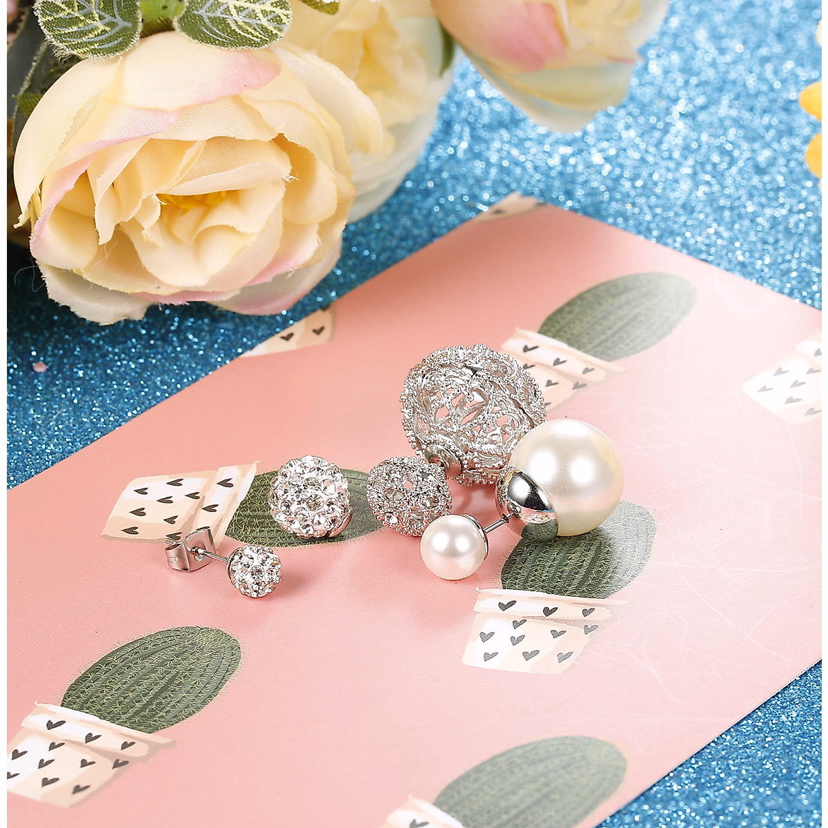 JOERICA 3 Pairs Vintage Hollow Out Womens Double Side Round Ball Stud Earrings Silver-tone