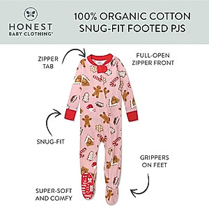 HonestBaby Baby Holiday Non-Slip Footed Pajamas One-Piece Sleeper Zip-Front Pjs 100% Organic Cotton, Gingerbread Pink, 18 Months