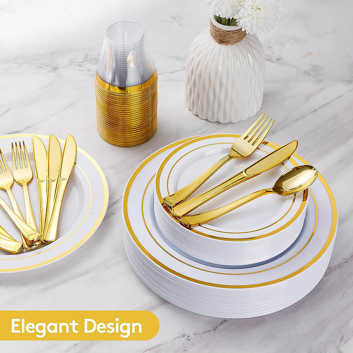 Goodluck 600 Pieces Gold Disposable Plates for 100 Guests, Plastic Plates for Party, Dinnerware Set of 100 Dinner Plates, 100 Salad Plates, 100 Spoons, 100 Forks, 100 Knives, 100 Cups