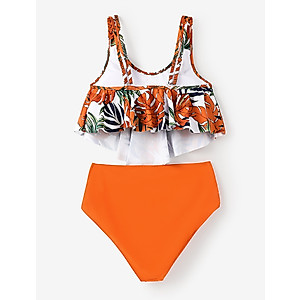PATPAT Matching Family Swimsuits Two Piece Mother Daughter Matching Swimsuits Hawaiian Tropical Orange Palm Leaf Print Beach Vacation Matching Bathing Suits for Couples Ruffle Bikini for Women L
