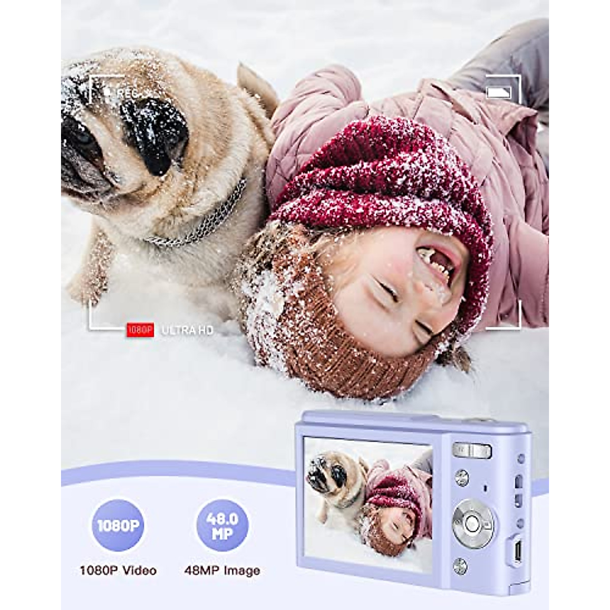 Digital Camera, Zostuic 48MP Autofocus Kids Camera with 32GB Card 1080P Video Camera with 16X Zoom, Compact Portable Small Camera Christmas Birthday Gift for Children Kid Teen Student Girl Boy(Purple)