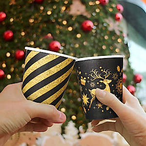 Roowest 144 Pcs Christmas Cups 9 oz Holiday Assorted Paper Cups Drinking Tea Disposable Christmas Coffee Cups for Hot and Cold Beverage Chocolate Xmas Party Supplies Daily Use, 9 Styles (Black Gold)