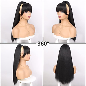 G&T Yaki Drawstring Ponytail Extension with Bangs - Long Yaki Straight Clip in Ponytails Extension for Black Women Synthetic Hairpiece for Daily Party Use (1B, 24 inch)