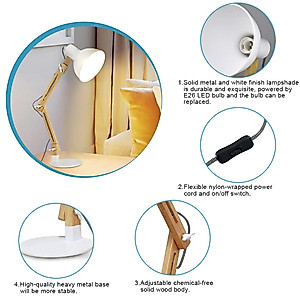 DINGLILIGHTING DLLT Swing Arm Desk Lamp, Wood Adjustable Gooseneck Table Lamp, Modern Architect Desk Light, Reading Light for Work, Study, Bedroom, Home Office, White Metal Shade, E26 Bulb Included