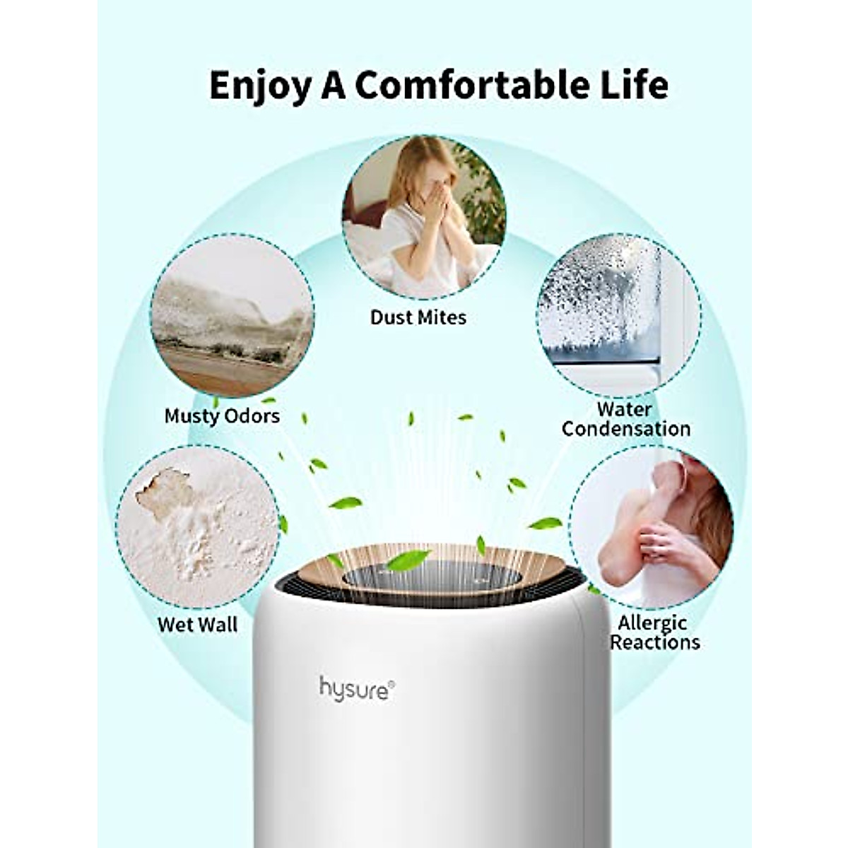 Hysure Small Dehumidifier for 2200 Cubic Feet(220 sq ft), Quiet Portable Deshumidificador for Home RV Bedroom Bathroom Basement Garage Wardrobe, 1400ml(49oz) Water Tank with Safe Auto Shut Off -White