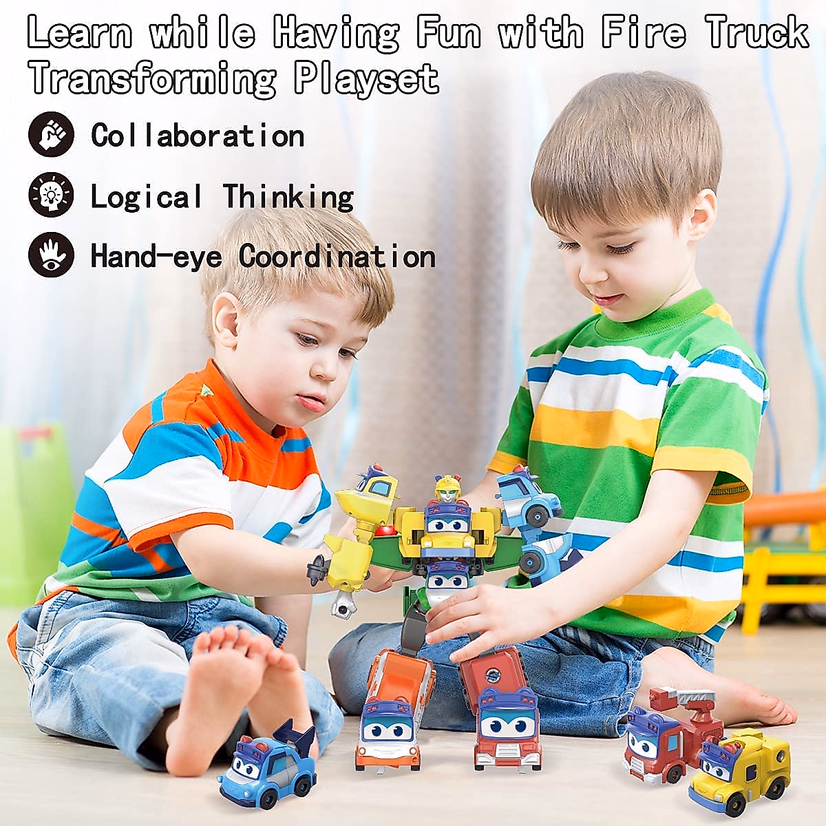 GO GO BUS STOP Action Figure Toy Vehicle Playsets, Cute Cartoon 6 in 1 Transforming Vehicles Transform into 11" Robot, Durable Toys for Boys Girls Kids