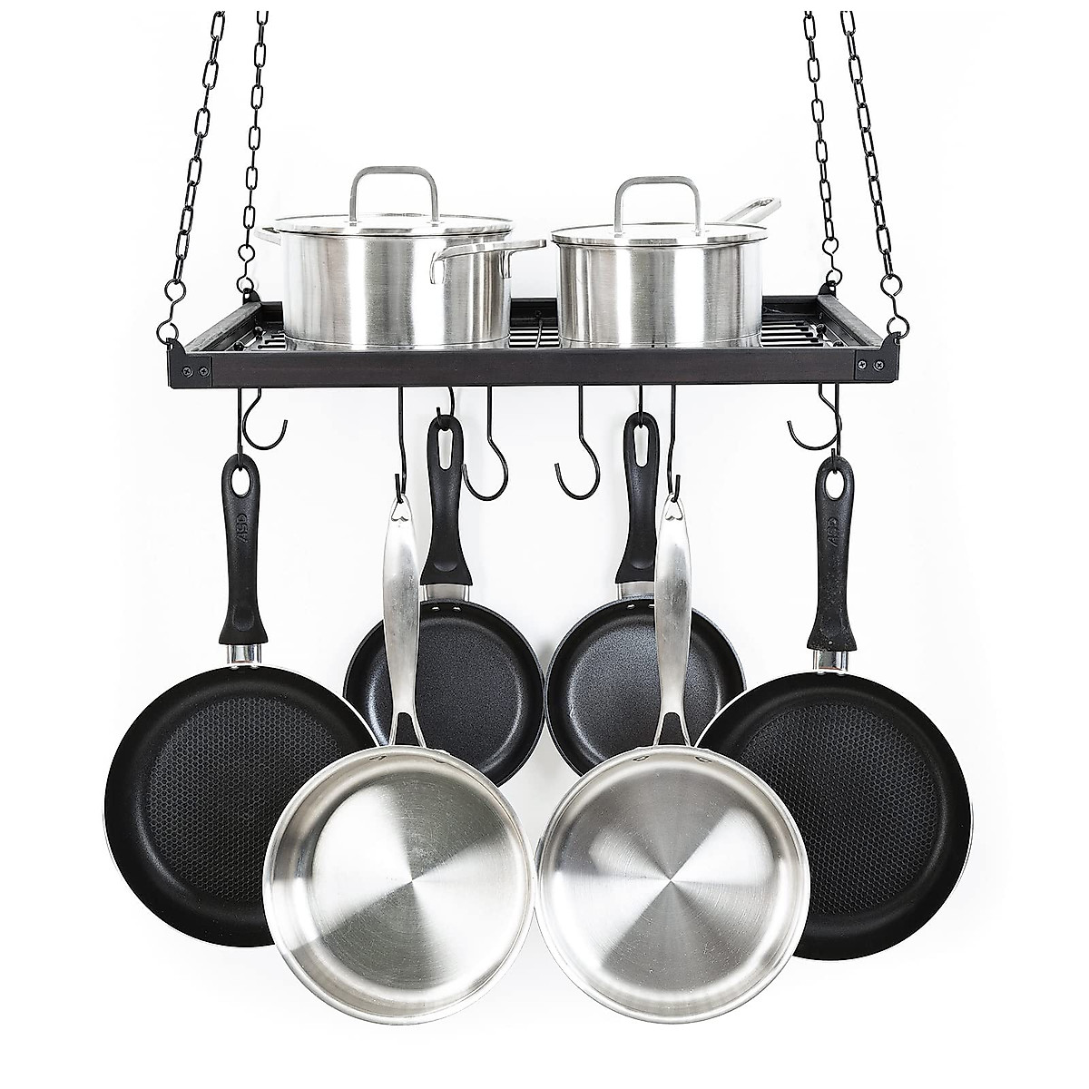 SODUKU Pot Pan Rack with Shelf Grid, Ceiling Mounted Hanging Multi-Purpose Wood & Metal Cookware Hanger Organizer Kitchen Storage with 10 Hooks Espresso