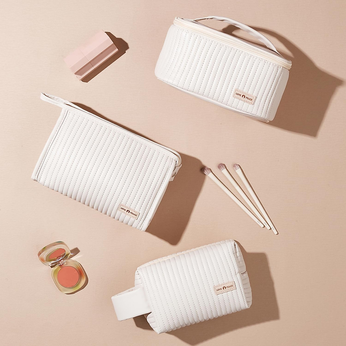 MIRASON Makeup Bag Set of 3 Cute Cosmetic Travel Bag Organizer Pouch Set for Women PU Leather Waterproof Toiletry Bag 3 Piece Set, Beige