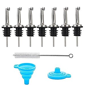 Pour Spouts for Olive Oil Pourer 7 Pcs Free flow Pourers Rubber Stoppers Sets for Liquor Spirits Wine Alcohol Syrup Bottles Drizzle Drip Spout Bottle Speed Pourer