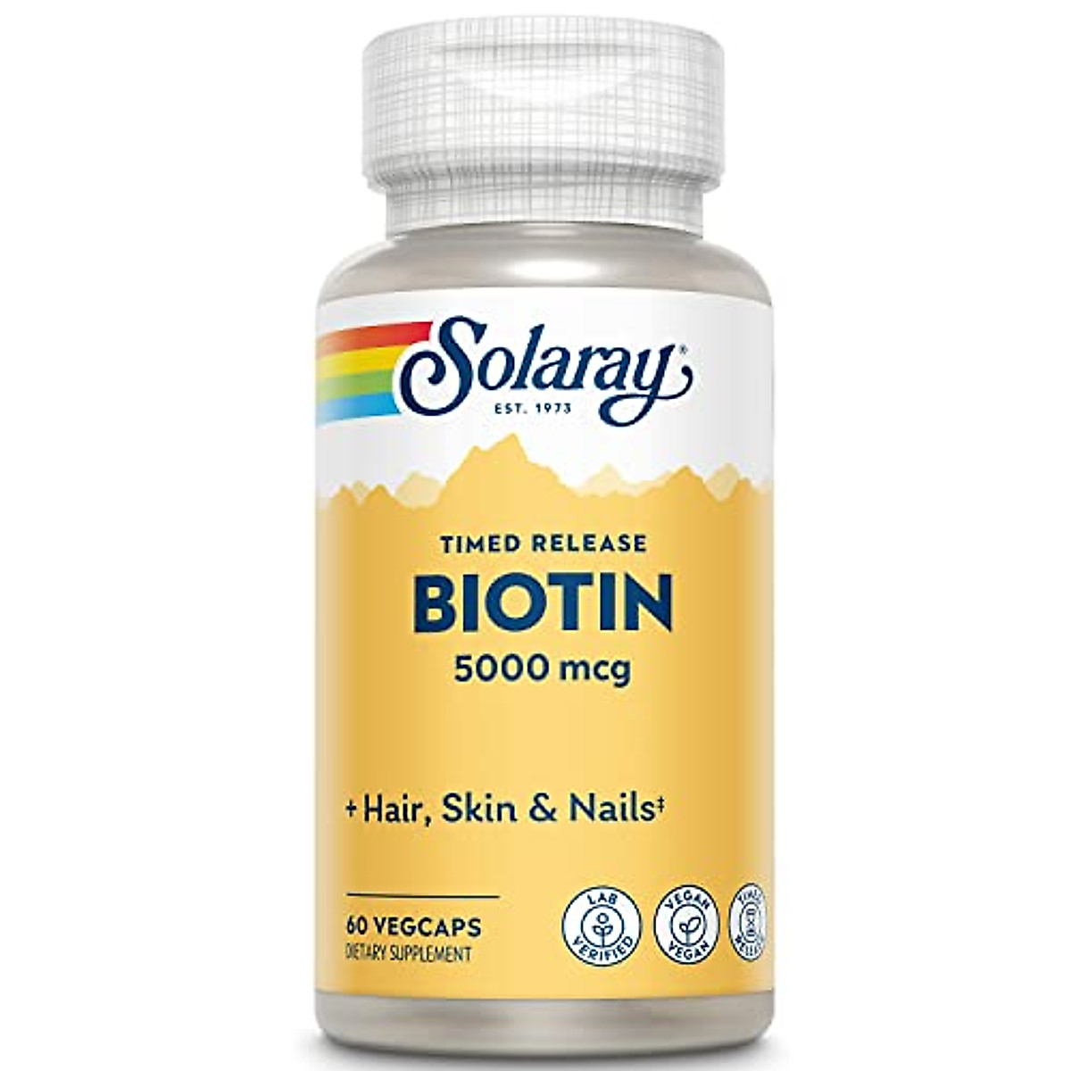 SOLARAY Biotin 5000 mcg | Timed Release | Fast-Acting, Long-Lasting Healthy Hair, Skin & Nails Support | 60 VegCaps