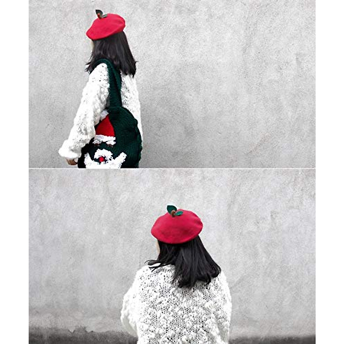Handmade Cute Red Apple Beret Vintage Artist Painter Hat Women Wool Cap Warm Winter Love Gift