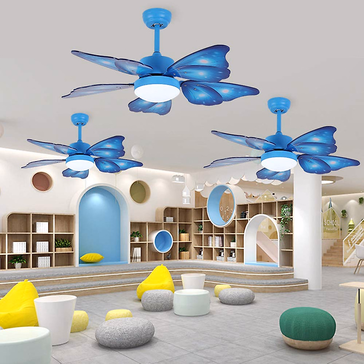 KWOKING Lighting Creative Butterfly Wing Ceiling Light and Fan with Remote Control 5 Blades LED Bedroom Hanging Fan Light Adjustable Speed for Kids Bedrooms - Blue