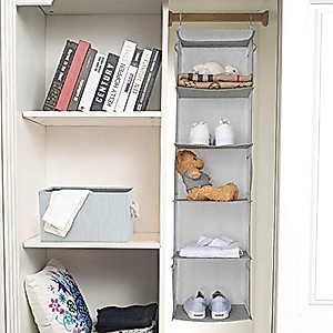 BrilliantJo 5 Shelves Hanging Closet Organizer, 2 Pack Hanging Storage with 6 Side Pockets for Clothes Bags, 43"x12"x12"(Light Gray)