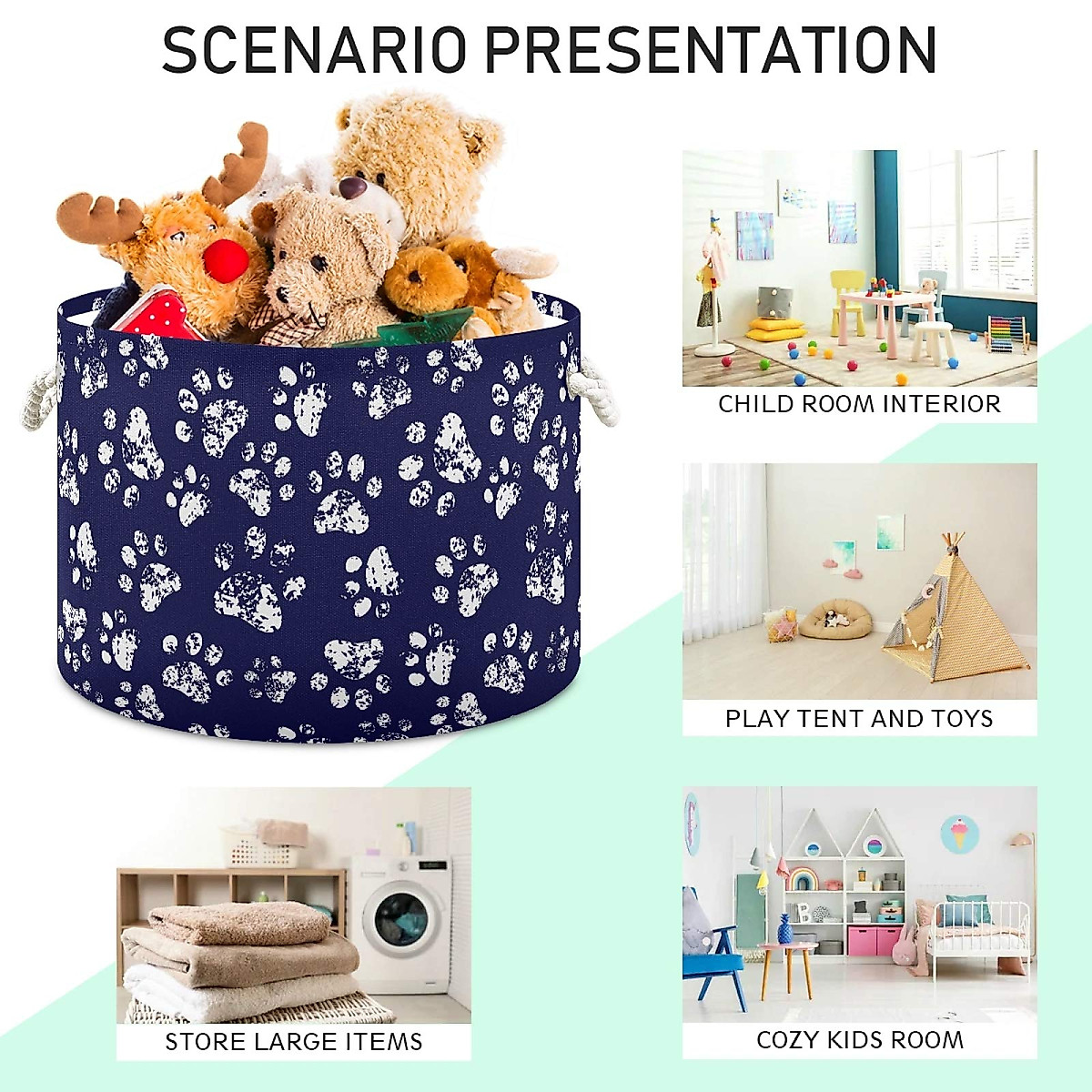 ALAZA Large Storage Basket for Toys White Dog Printed Blue Round Blanket Basket Laundry Hamper Canvas Organizer Bin Box Cotton Rope Collapsible Bucket Pillow Home Decor
