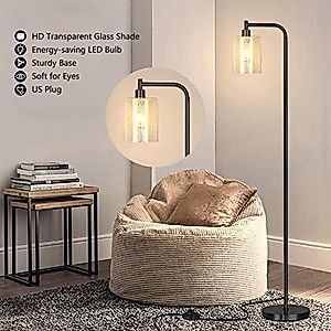 QiMH Industrial Floor Lamp for Living Room, Modern Standing Lamp with HD Glass Lampshade and Pedal Switch, 67” Tall Pole Light for Bedroom Study Room, Black (2700K LED Bulb Included)
