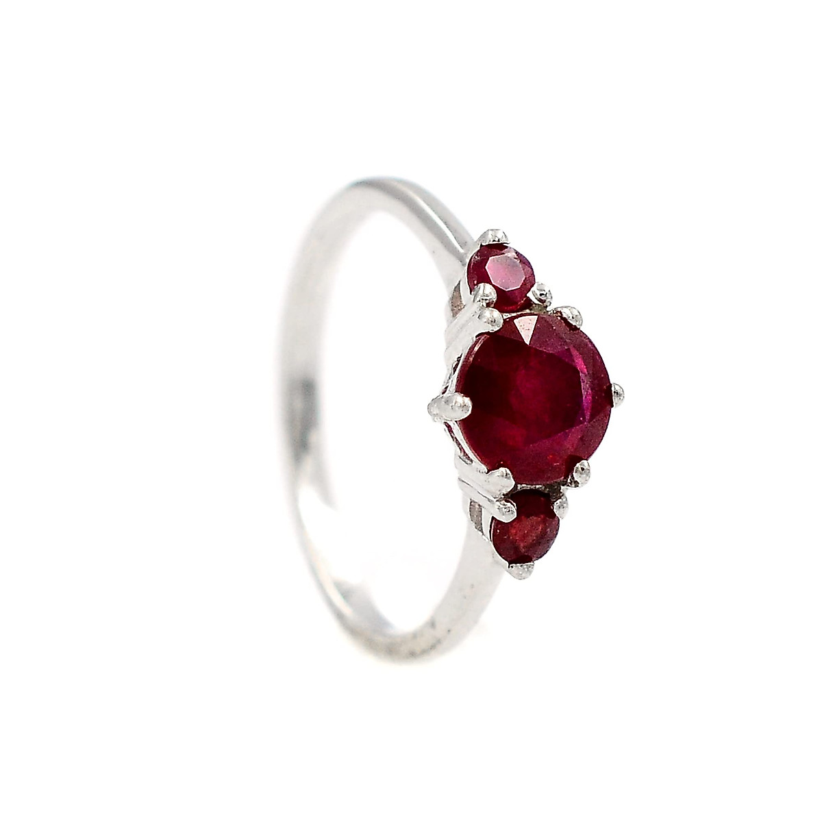 925 Sterling Silver Natural Red Ruby Gemstone 7 MM Round Cut July Birthstone Three Stone Cluster Unisex Ring For Birthday Gift (Rhodium Plated Silver, 6)
