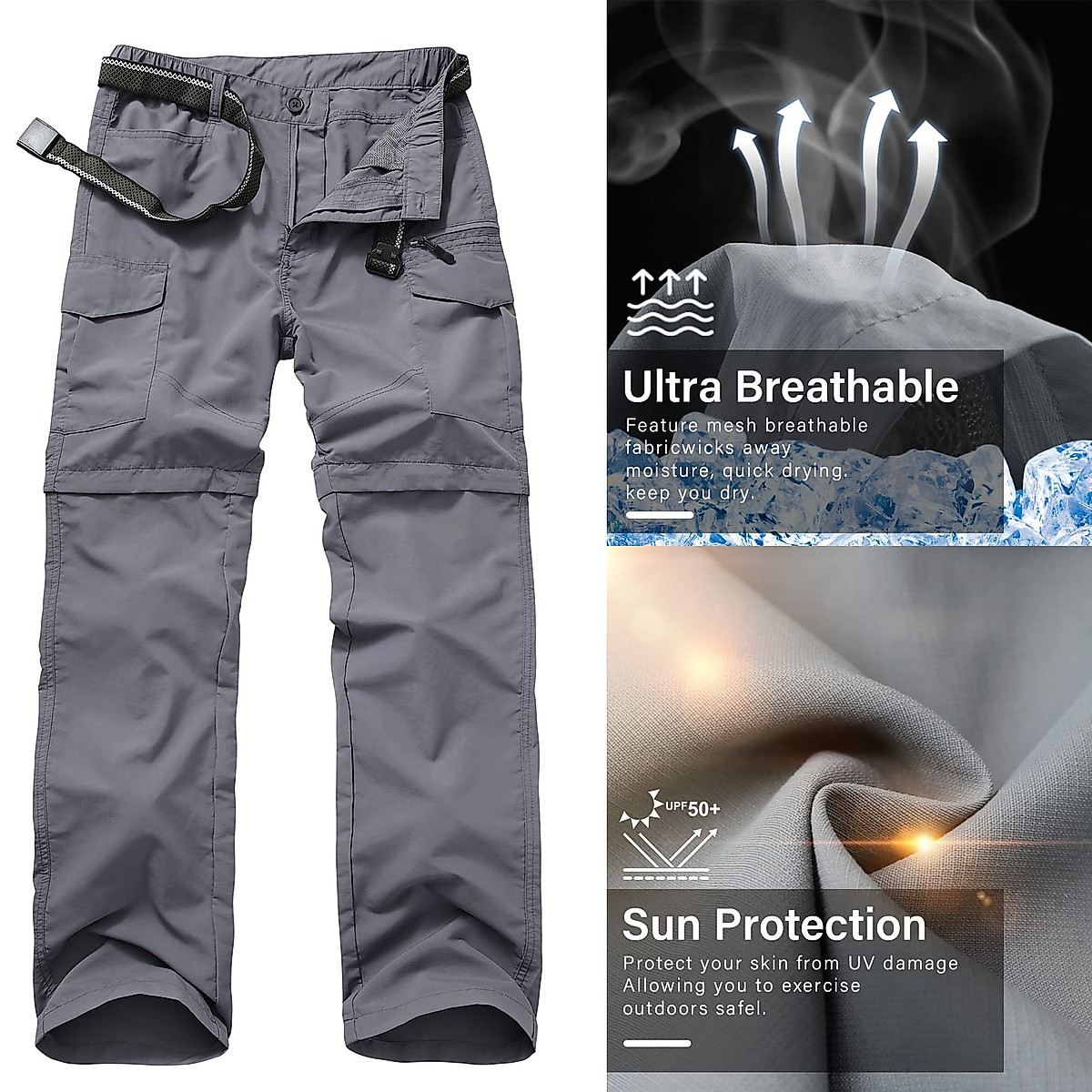 Mens Hiking Pants Quick Dry Lightweight Fishing Pants Convertible Zip Off Cargo Work Pants Trousers #6055,Grey,36