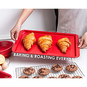 Rorence Nonstick Steel Bakeware Set: Cookie Sheet, Rectangular Cake Pan, 2 Round Cake Pans, Muffin Pan, Loaf Pan & Cooling Rack - Set of 7 - Red