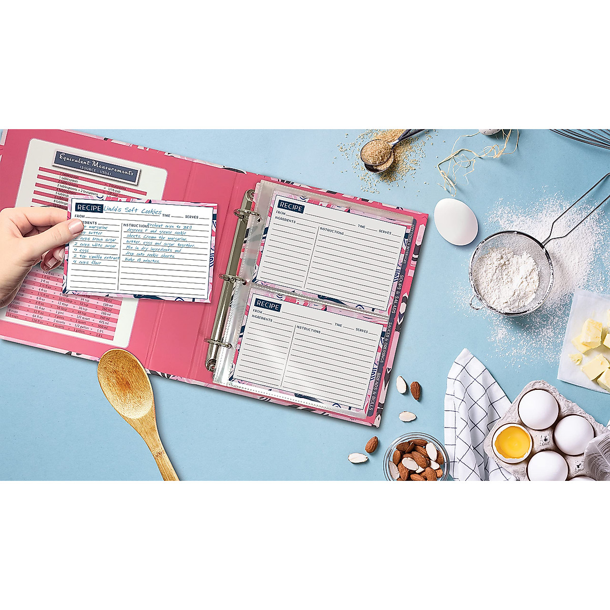 Better Kitchen Products Recipe Binder, 8.5" x 9.5" 3 Ring Binder Organizer Set (with 50 Page Protectors, 100 4" x 6" Recipe Cards & 12 Category Divider Tabs) Floral Design