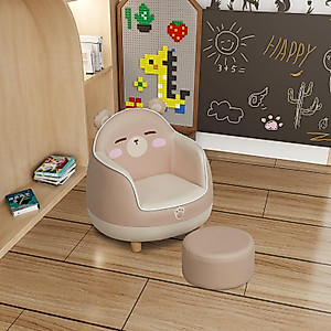 Kinsuite Leather Toddler Armchair with Ottoman- Bear Animal Kids Sofa Toddler Reading Chair Toddler Lounge Sofa Recliner for Nursery School Game Room Kindergarten Living Room, Brown