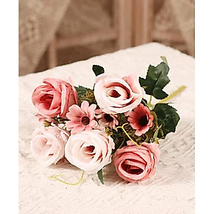 HENJADE Artificial Flower European-Style 5-Head Curling Rose Bouquet Wedding Decoration Home Simulation Rose Fake Flower (Pink)