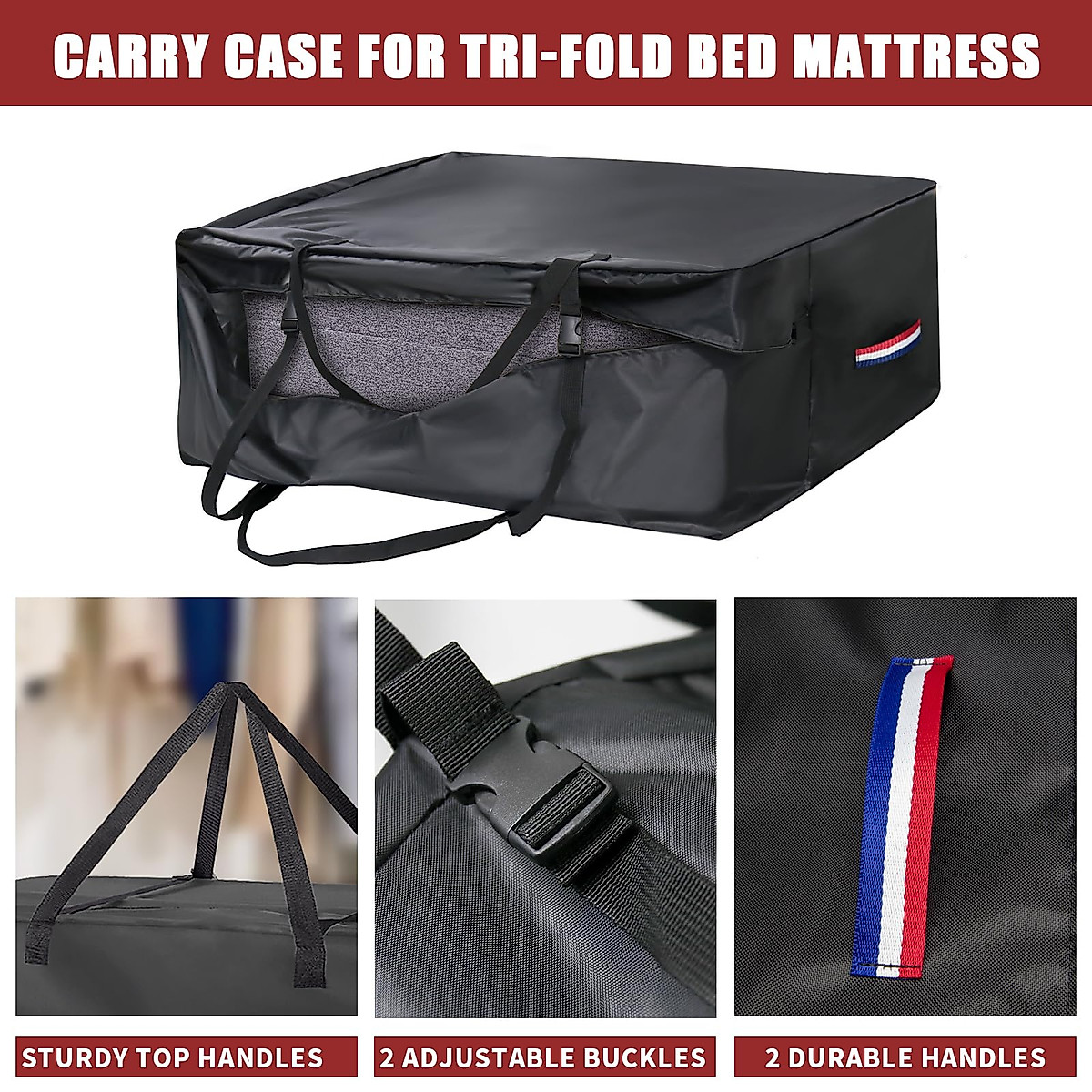 Safipotts Folding Mattress Storage Bag, 600D Heavy Duty Waterproof Carry Case with Zipper, Fits 4-6 inch Twin Full Queen Tri-Fold Mattress (61"L x 18"W x 28"H)