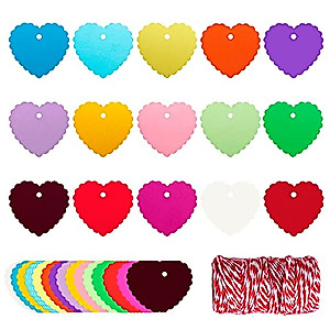 XIANMU 300 Pcs 15 Colors Paper Heart Tags with String Valentines Day Decorations Colored Gift Tags Labels Hang Tag for DIY Arts Crafts Wedding Christmas Thanks Giving Birthday Baby Showes Party Favors